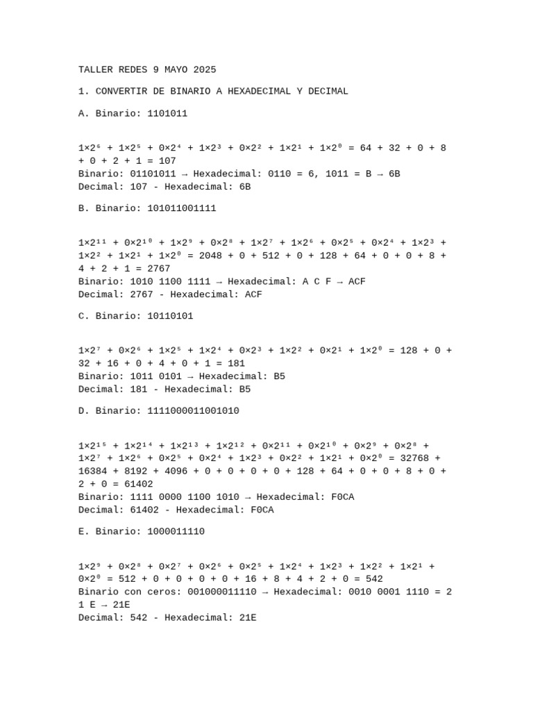 Taller Redes Punto1 Binario Hexadecimal Decimal | PDF