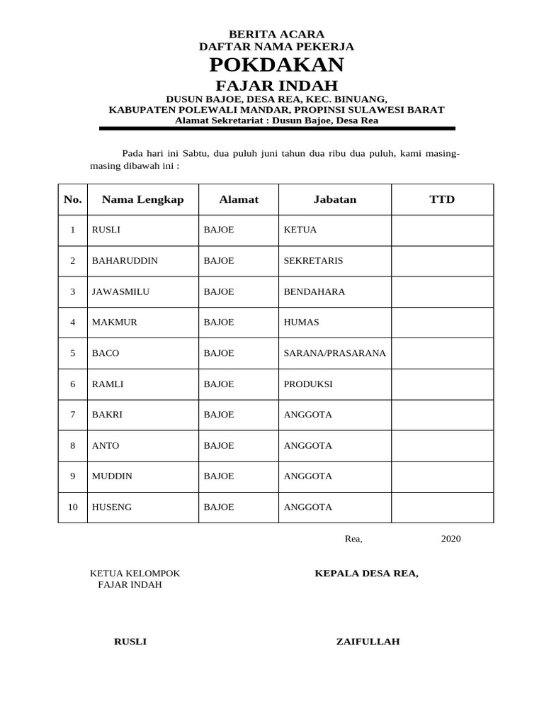 Daftar Nama Calon Pekerja REMBUG KUB Fajar Indah | PDF