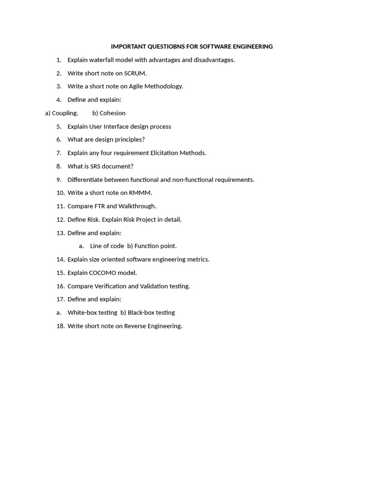 Software Engineering Question Bank | PDF