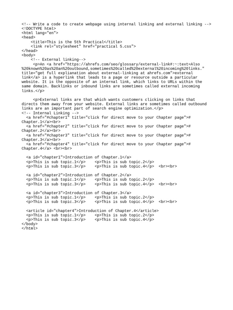 Web Development practical 5 internal and external linking | PDF