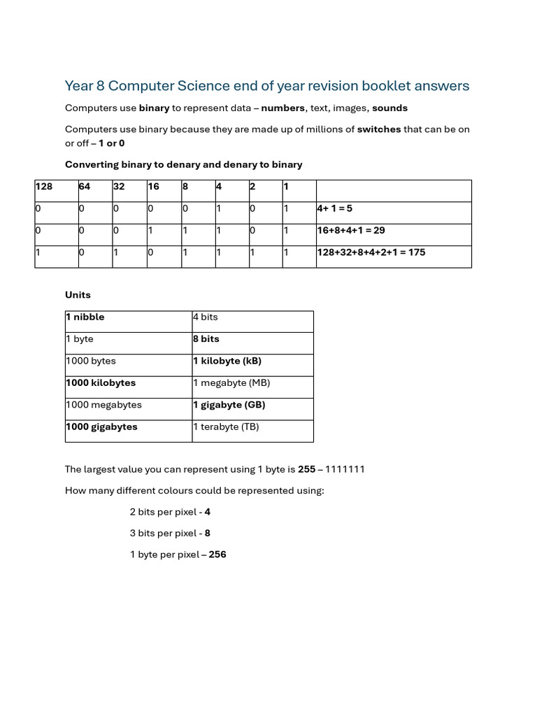Year 8 Computer Science Q&A Guide | PDF | Byte | Computer Data