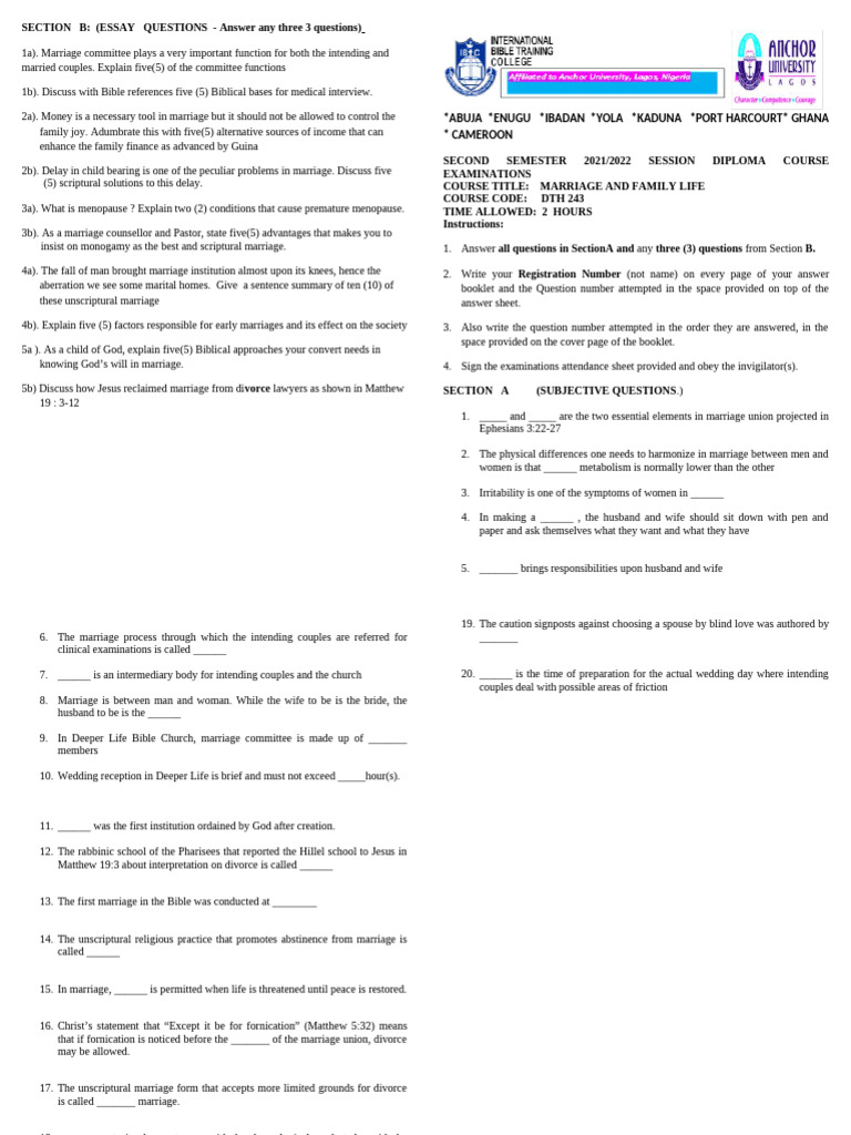 DTH 243 Marriage and Family Life Vetted | PDF | Marriage | Ovary