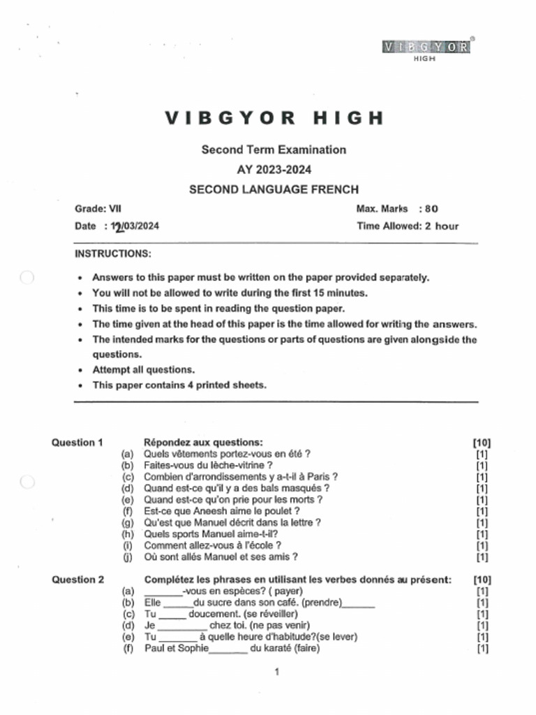 Grade 7 French Sample Paper | PDF