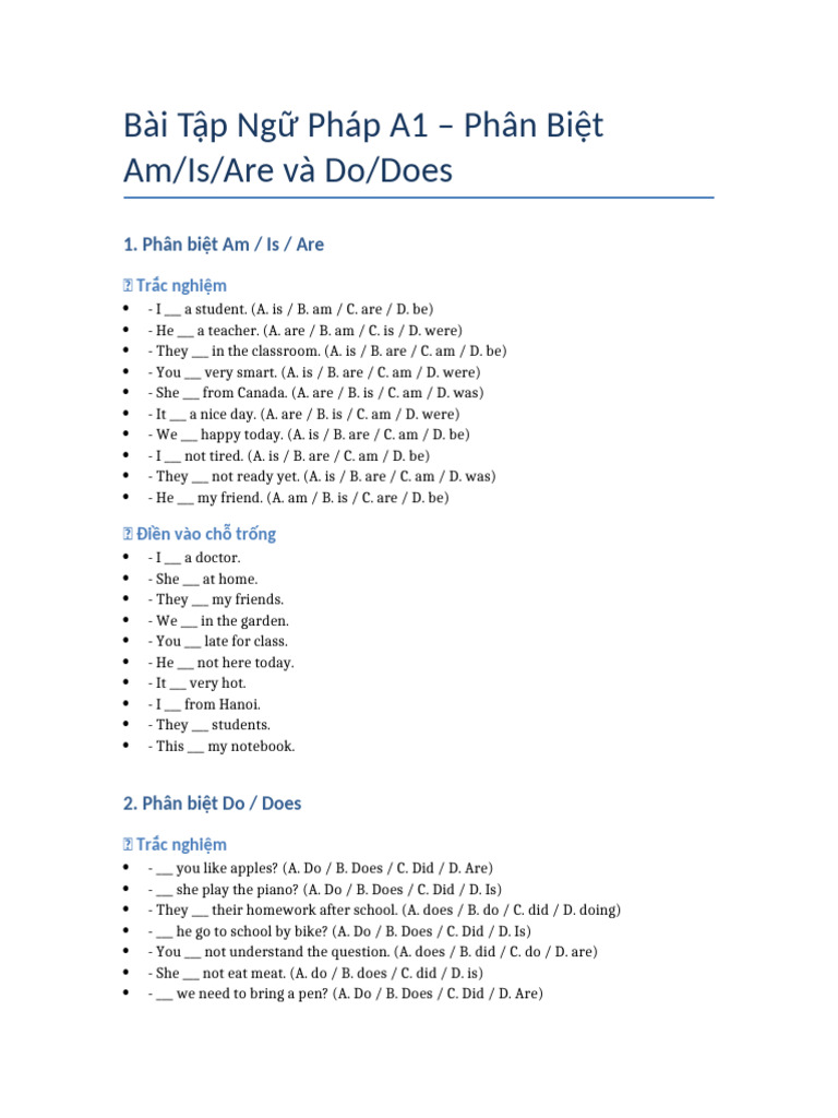 Bai Tap Phan Biet Am Is Are Do Does | PDF