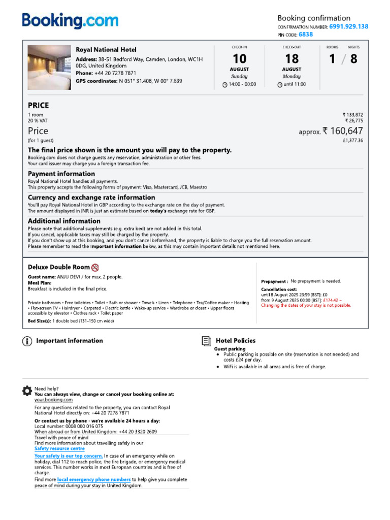 Anju Devi Hotel Booking | PDF