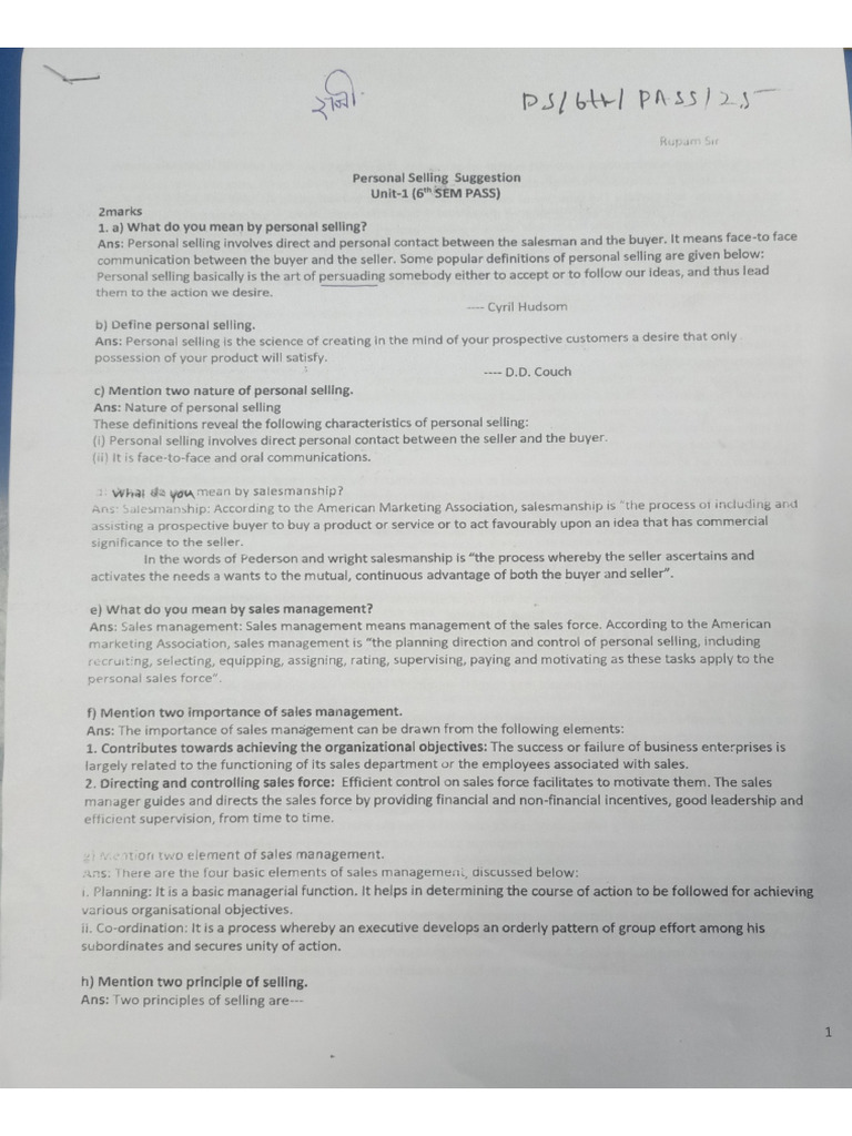 Personal Selling Unit1 | PDF