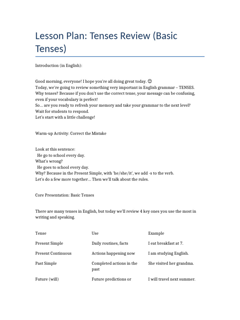 Tenses Review Lesson Plan | PDF | Grammatical Tense | English Language