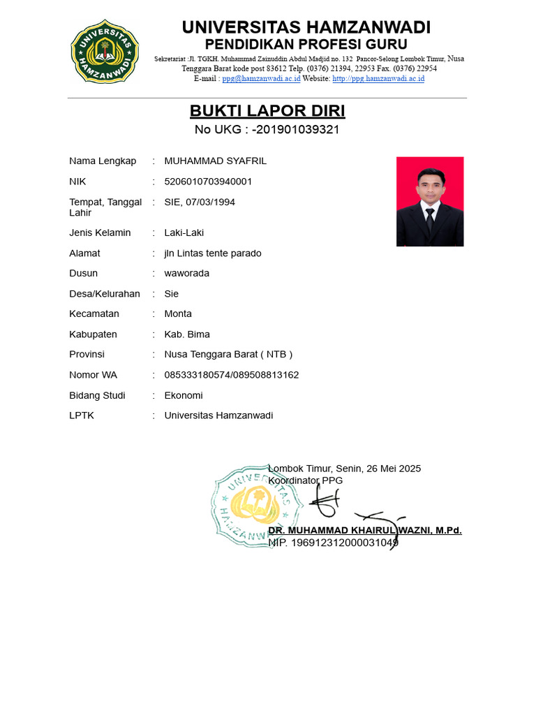 MUHAMMAD SYAFRIL -201901039321 - Bukti Lapor Diri Peserta PPG Guru Tertentu Tahap 1 Tahun 2025 | PDF