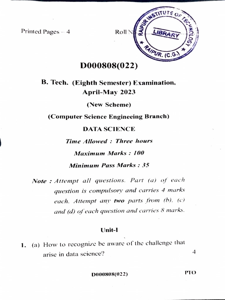 Data Science (2023- 2024) Questions Papers | PDF | Machine Learning | Data Science