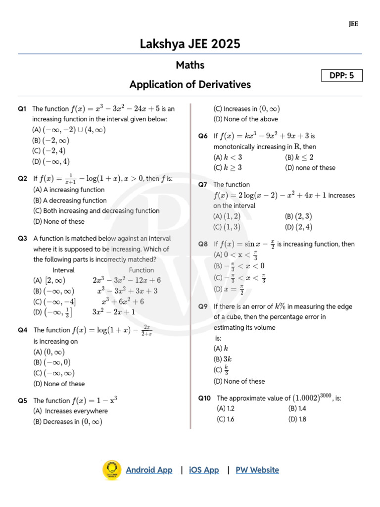 Lakshya JEE 2025: Maths Application of Derivatives | PDF | Monotonic ...