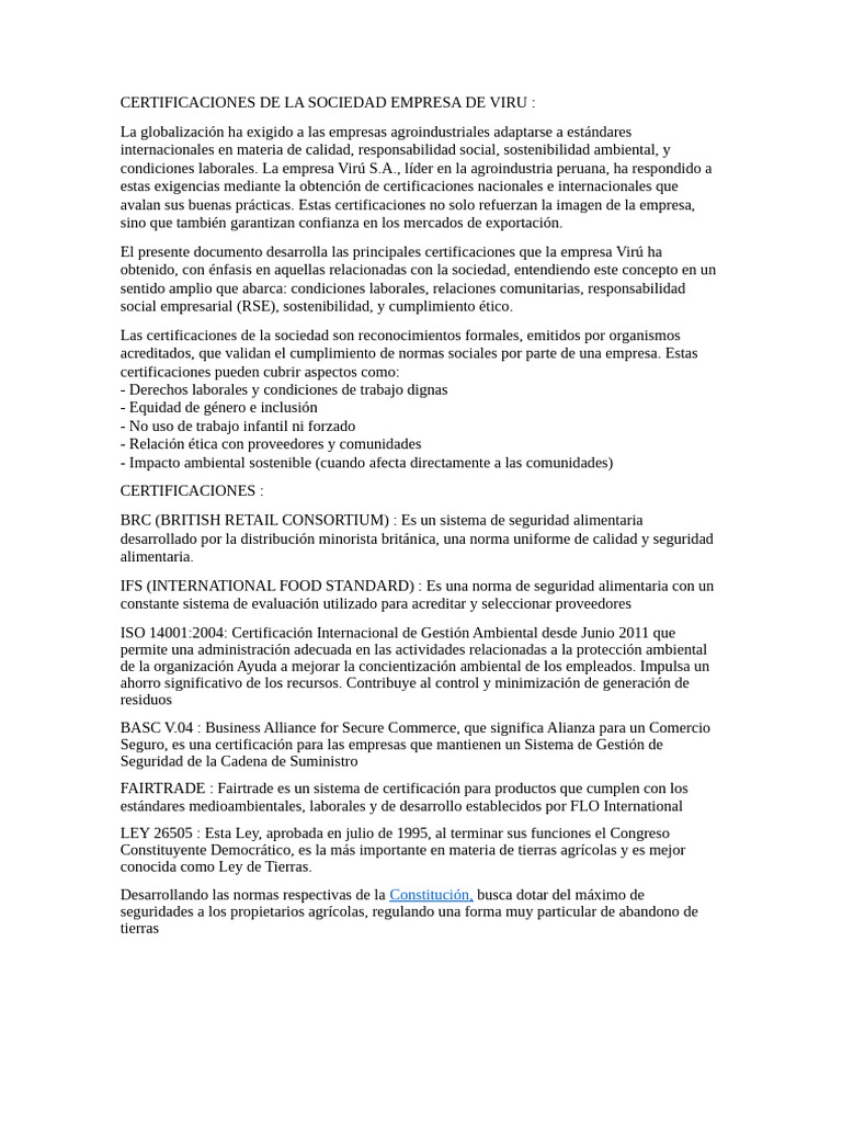 Certificaciones de La Sociedad Empresa de Viru | PDF | Sustentabilidad ...