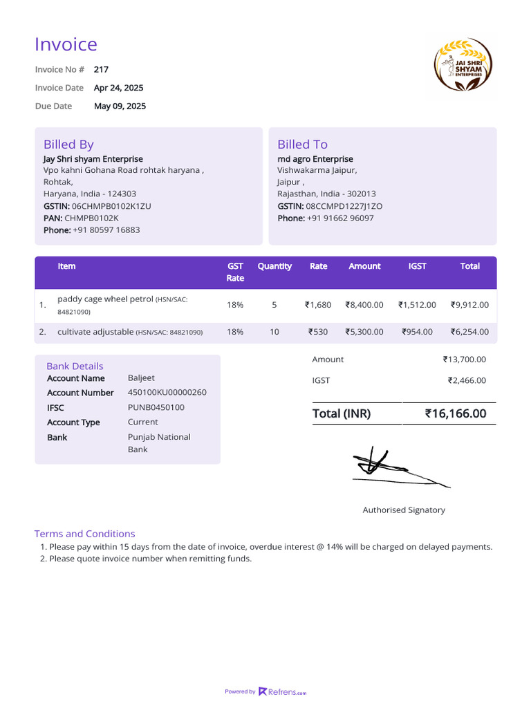 Invoice 217 Jay Shri Shyam Enterprise MD Agro Enterprise | PDF