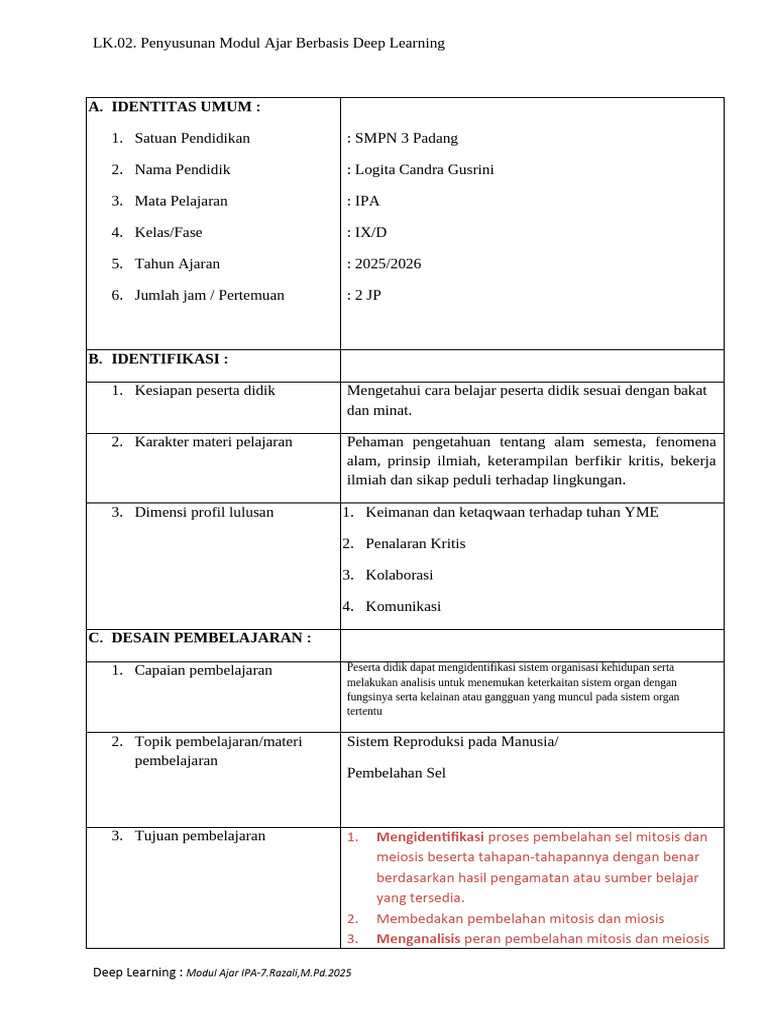 LK 02. Penyusunan Modul Ajar D' Learning | PDF