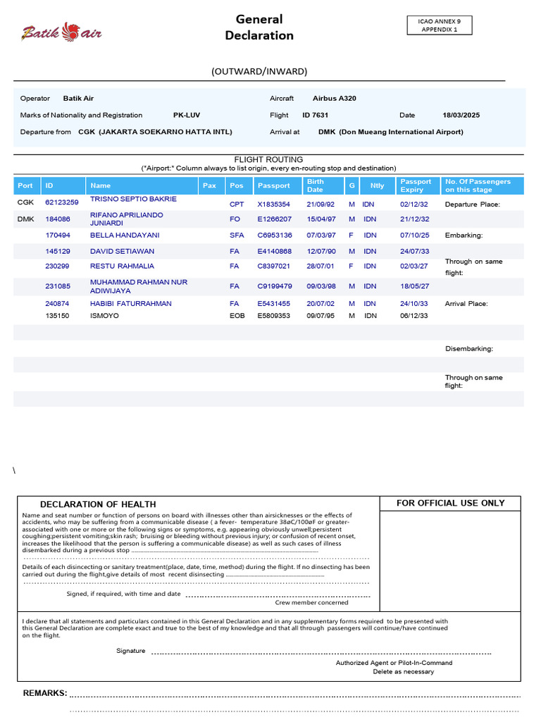 Gendec Crew Id7631 - Id7636 CGK DMK Dps 18 Mar 2025 | PDF | Aviation ...