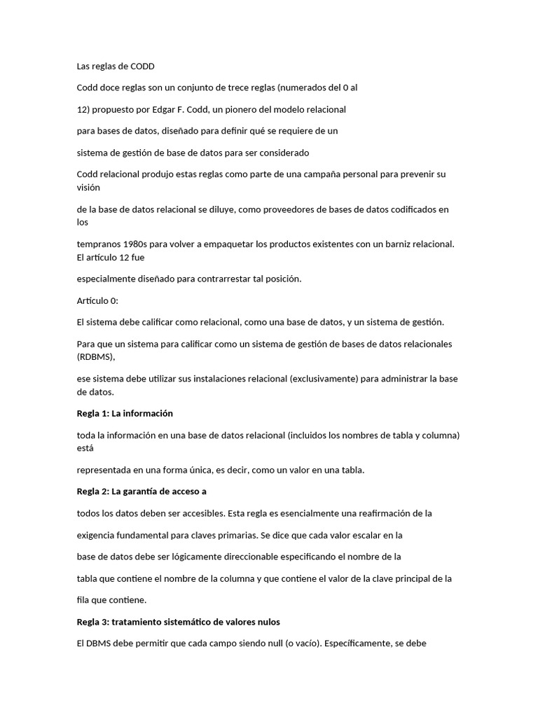 Las Reglas de CODD | PDF | Base de datos relacional | Bases de datos