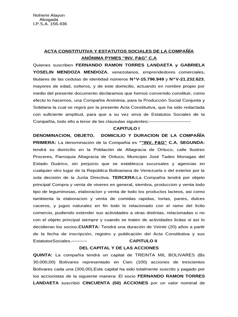 Acta Constitutiva de Inversiones F&G PYME | PDF | Presupuesto | Junta Directiva
