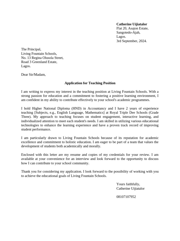 Teaching Position Application Letter | PDF