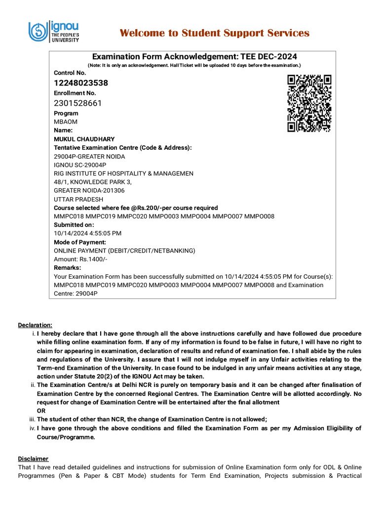 IGNOU - Examination Form Acknowledgement | PDF