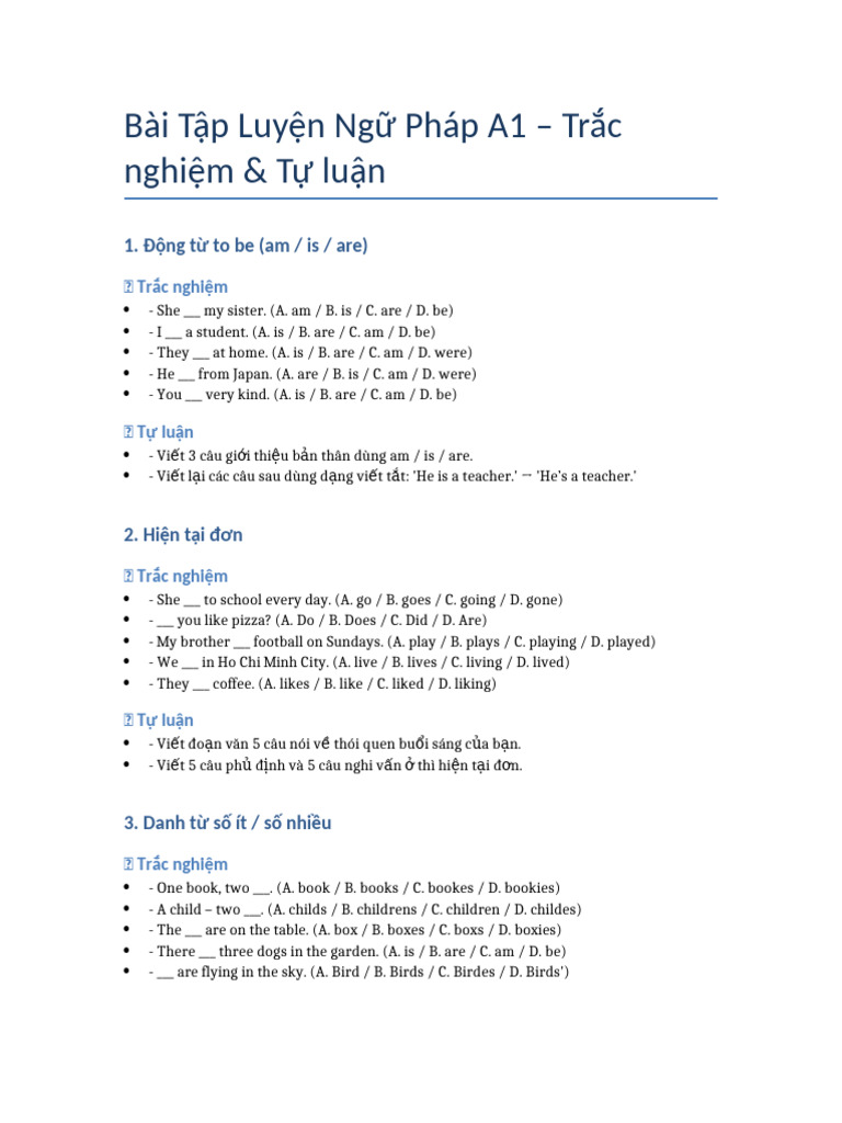 Bai Tap Luyen Ngu Phap A1 | PDF