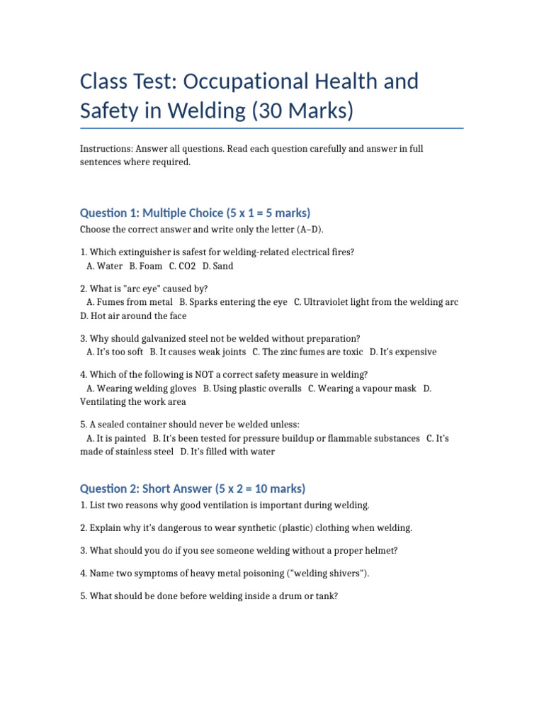 Welding Safety: Class Test Questions | PDF
