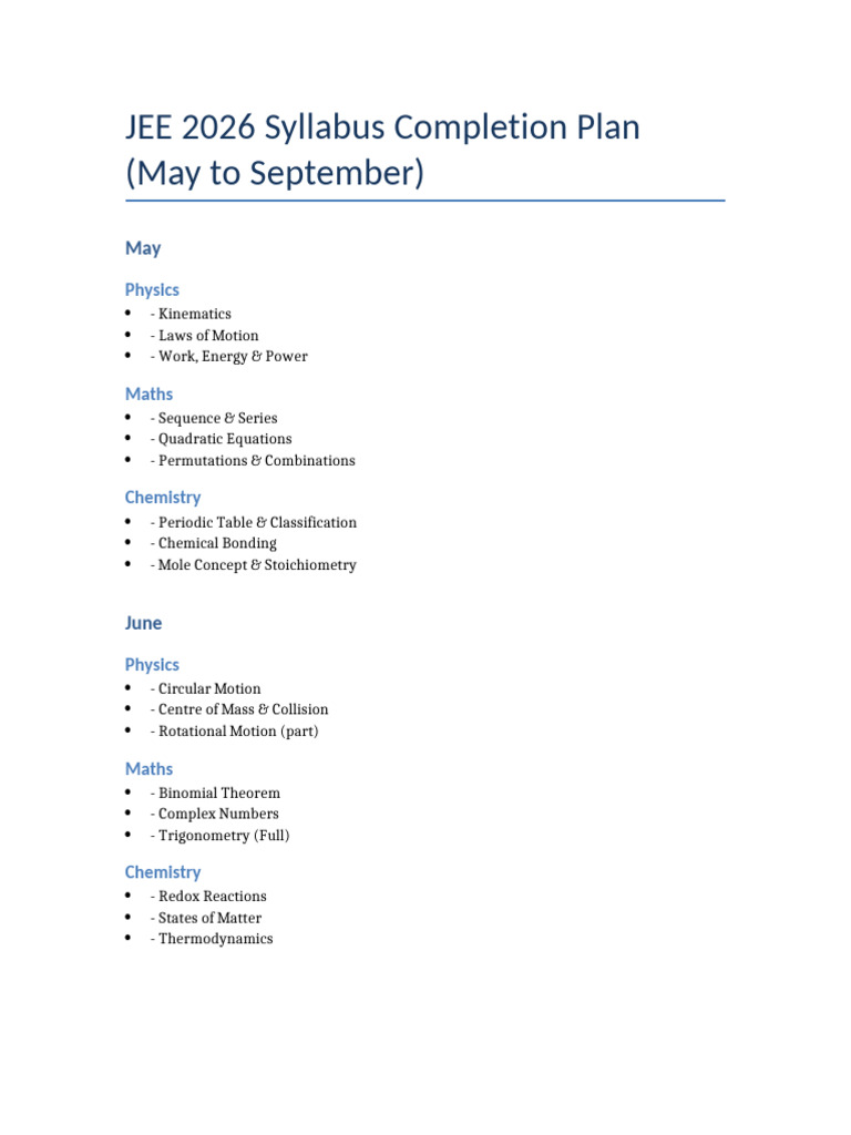 JEE 2026 Syllabus Completion Plan | PDF