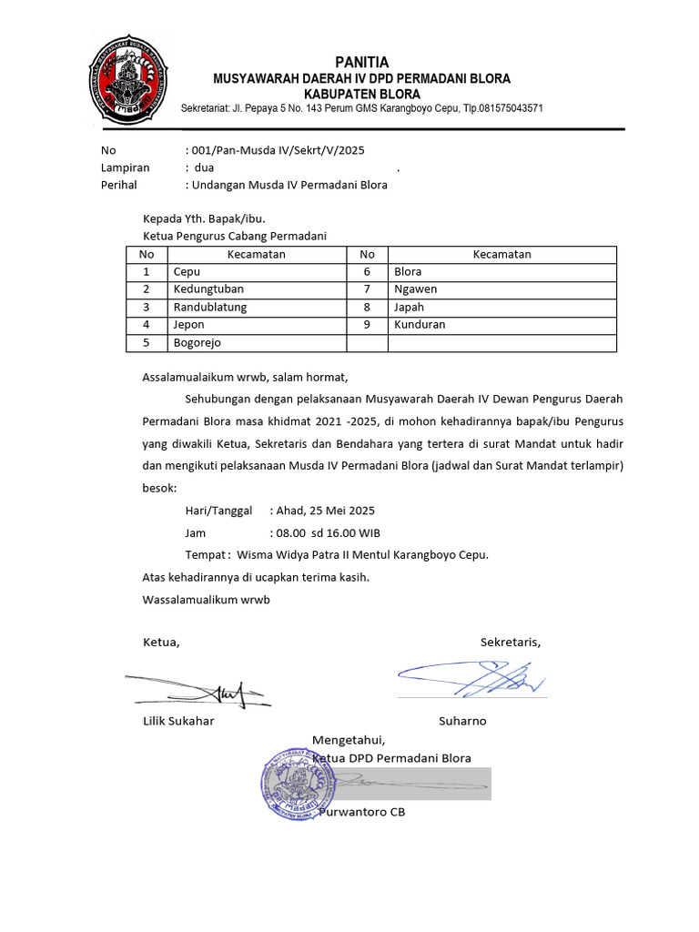 Surat Undangan Musda Pengurus Cabang Permadani Blora 2025 | PDF