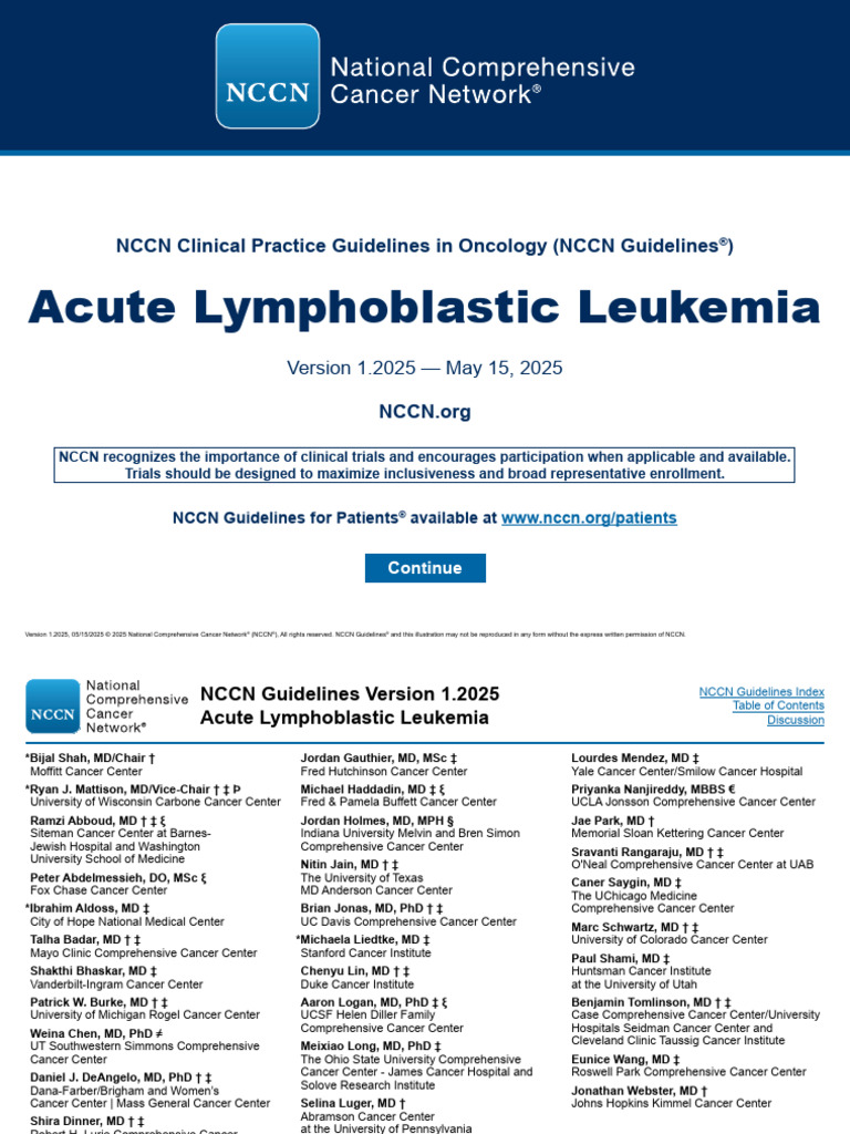 Acute Lymphoblastic Leukemia: NCCN Clinical Practice Guidelines in Oncology (NCCN Guidelines ...