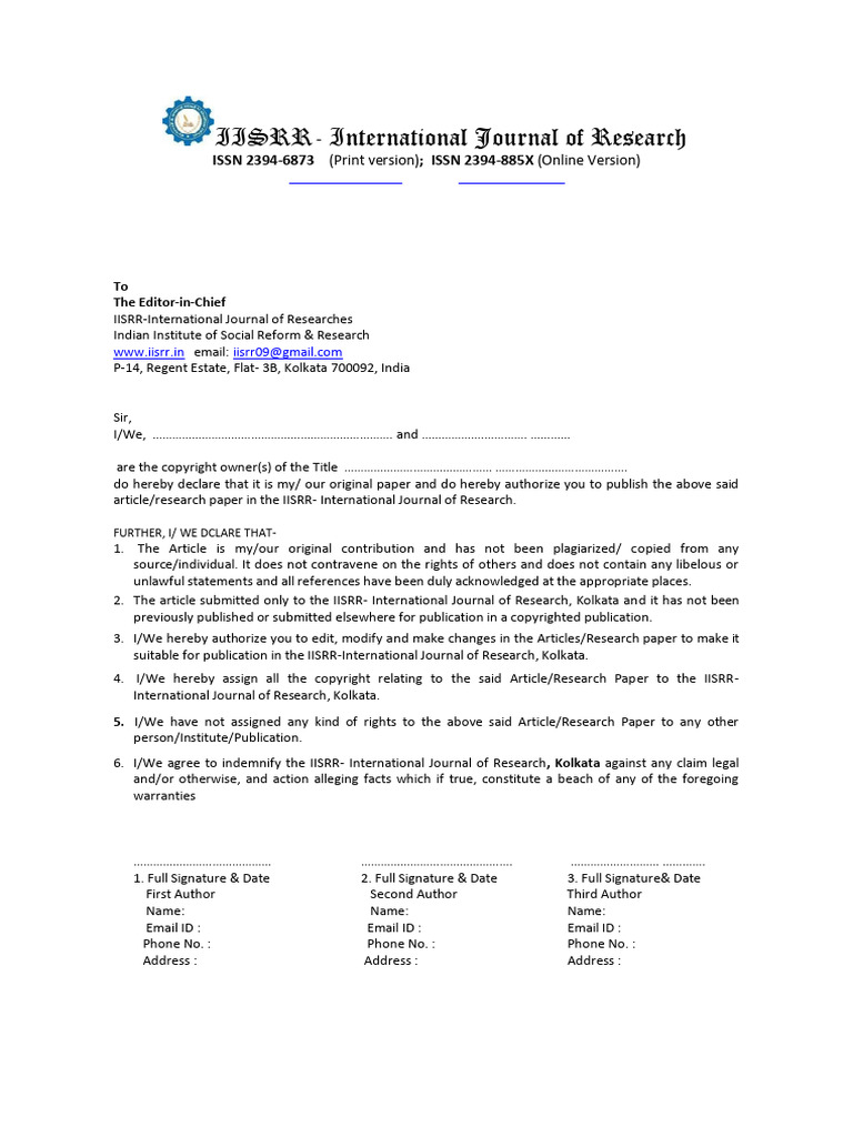 Copyright Agreement for IISRR Journal | PDF