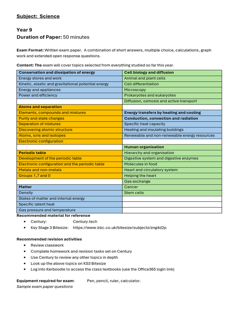 Year 9 Exam Revision List | PDF | Atoms | Chemical Elements