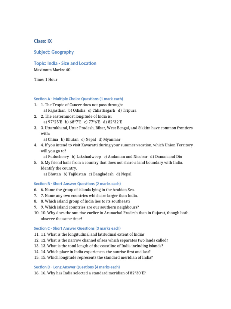 Geography Question Paper Class IX | PDF