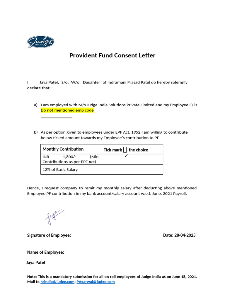 Consent Letter - PF Change | PDF