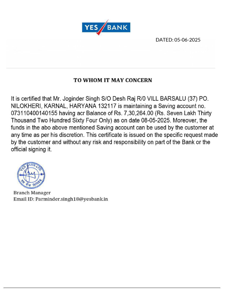 Joginder Singh Yes Bank Statement 1984 | PDF