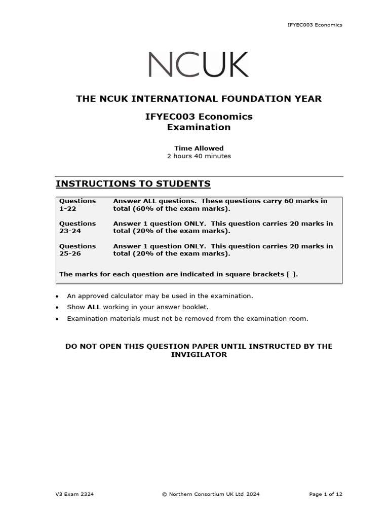 IFYEC003 Economics Exam Paper 2024 | PDF | Economics | Demand
