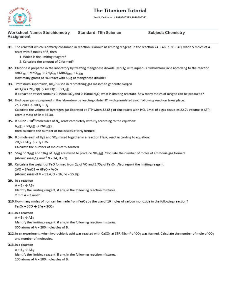 Class 11 Stoichiometry Practice Problems | PDF | Stoichiometry | Mole ...