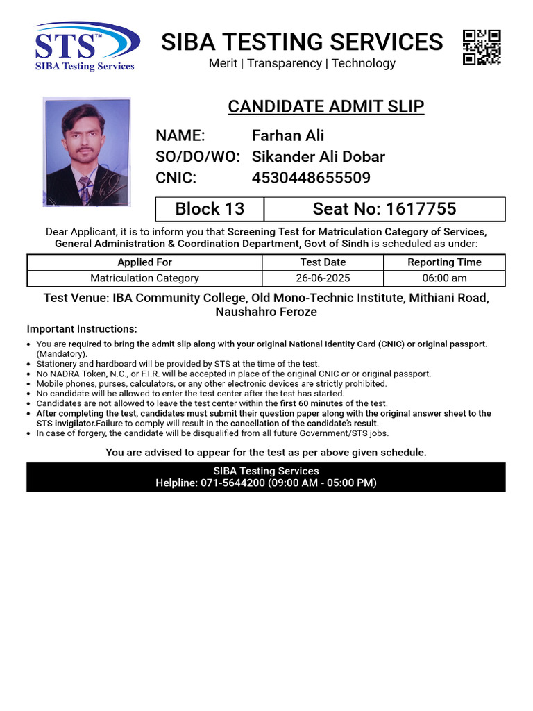 Siba Testing Services: Candidate Admit Slip | PDF