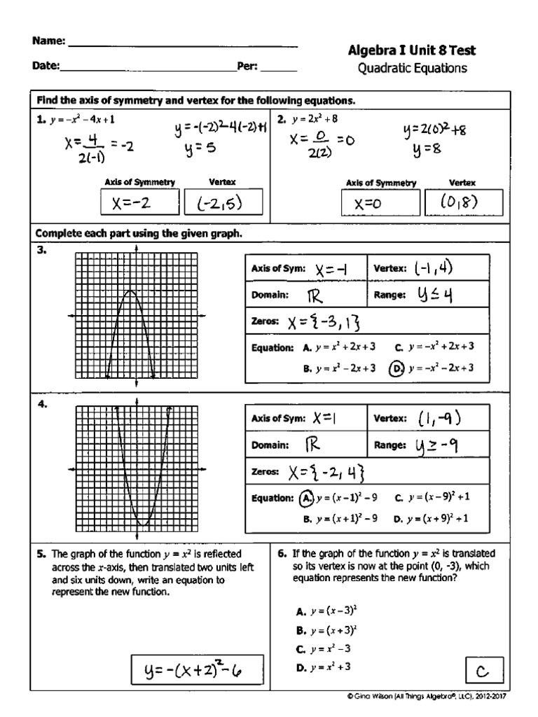 Review Quadratics Answers | PDF
