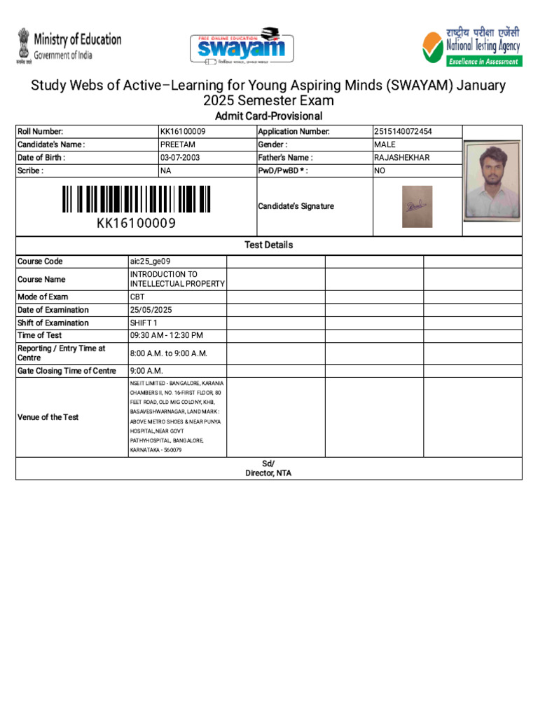 SWAYAM 2025 Exam Admit Card Details | PDF | Identity Document