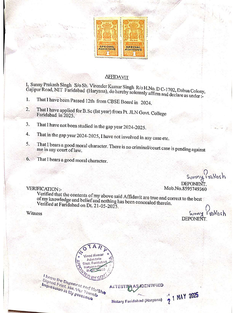 Sunny Prakash Gap Year Affidavit - Compressed | PDF