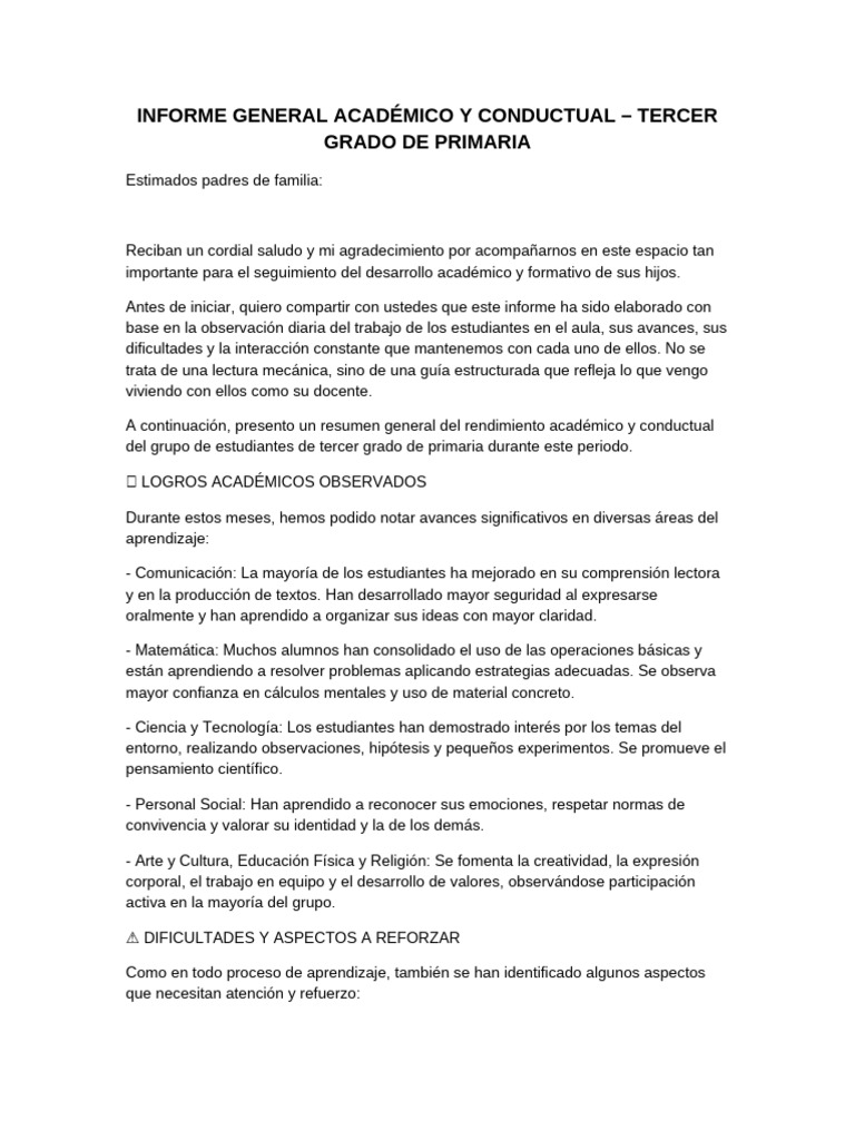 Informe Académico Tercer Grado 2024 | PDF | Salón de clases | Aprendizaje