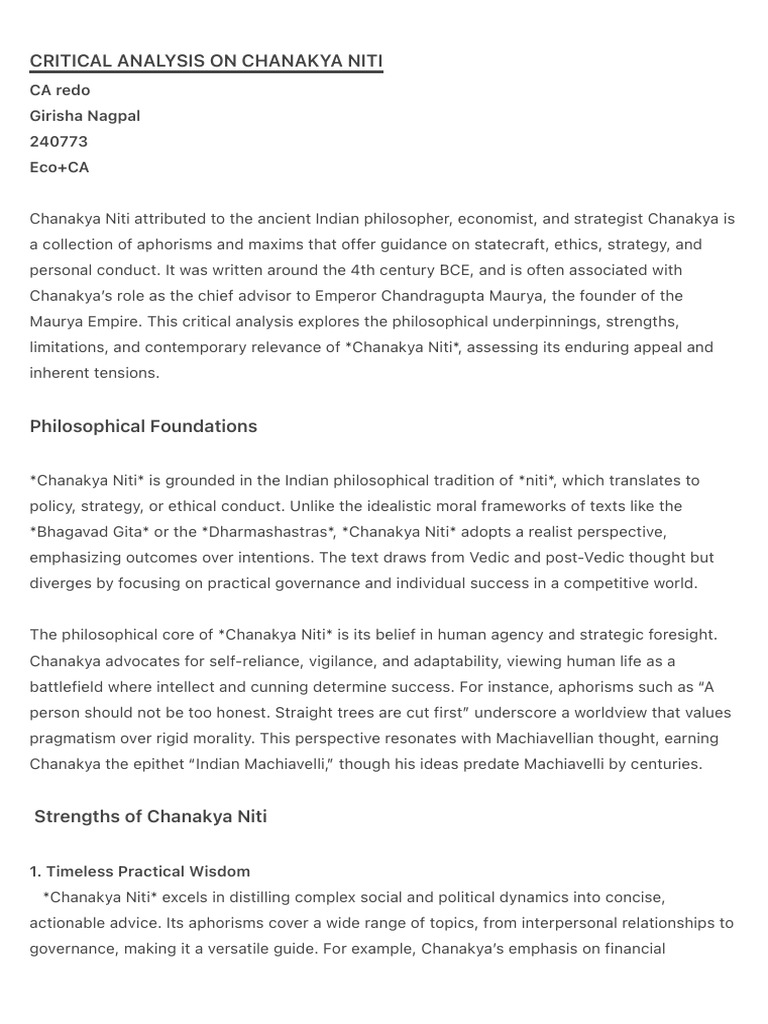Critical Analysis On Chanakya Niti | PDF | Niccolò Machiavelli | Disciplines