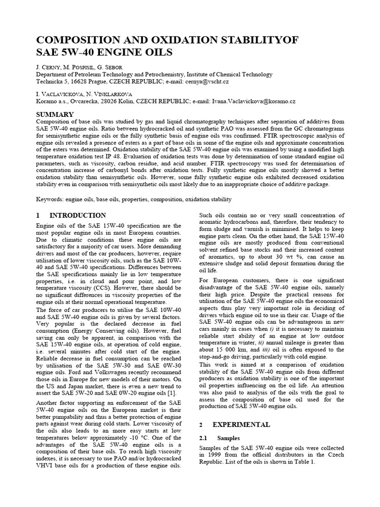 SAE 5W-40 Engine Oils: Composition & Stability | PDF | Motor Oil ...