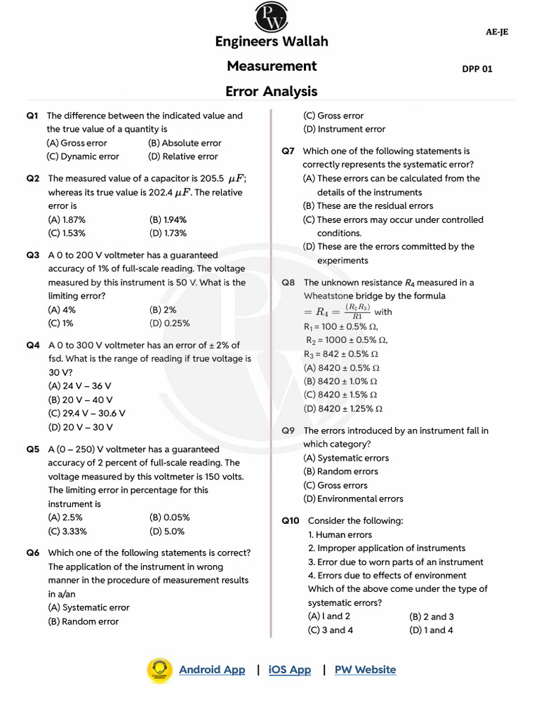 Error Analysis - DPP 01 (English) | PDF | Observational Error | Physical Quantities