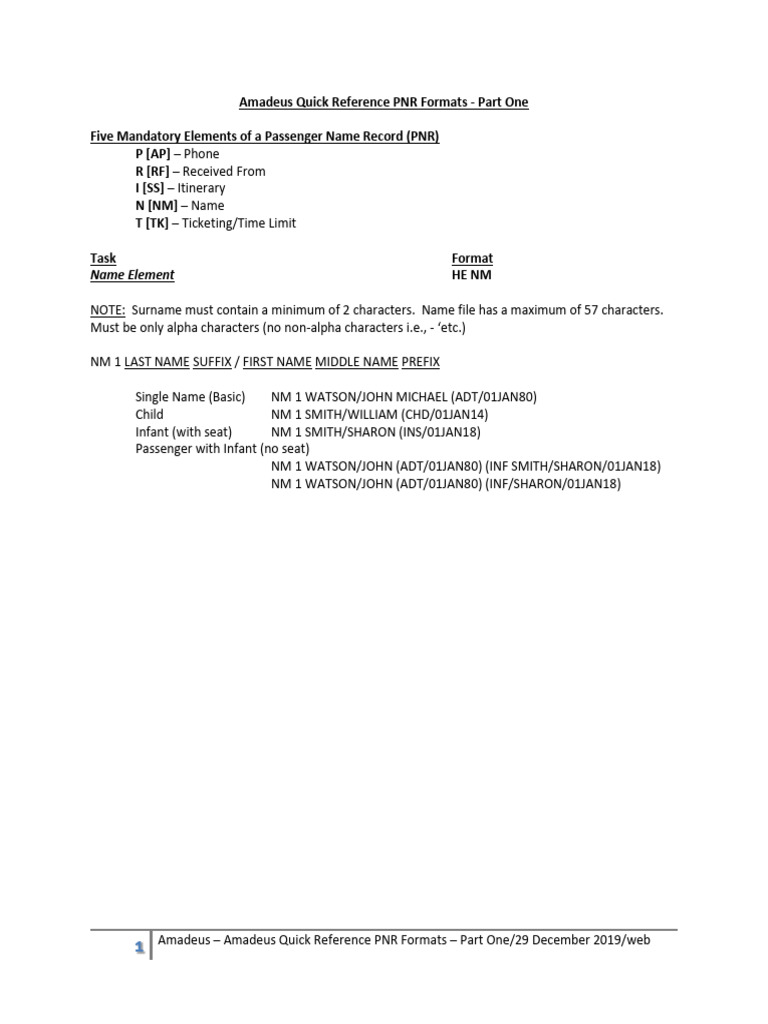 Amadeus Quick Reference PNR Formats - Part One | PDF | Airlines | Data