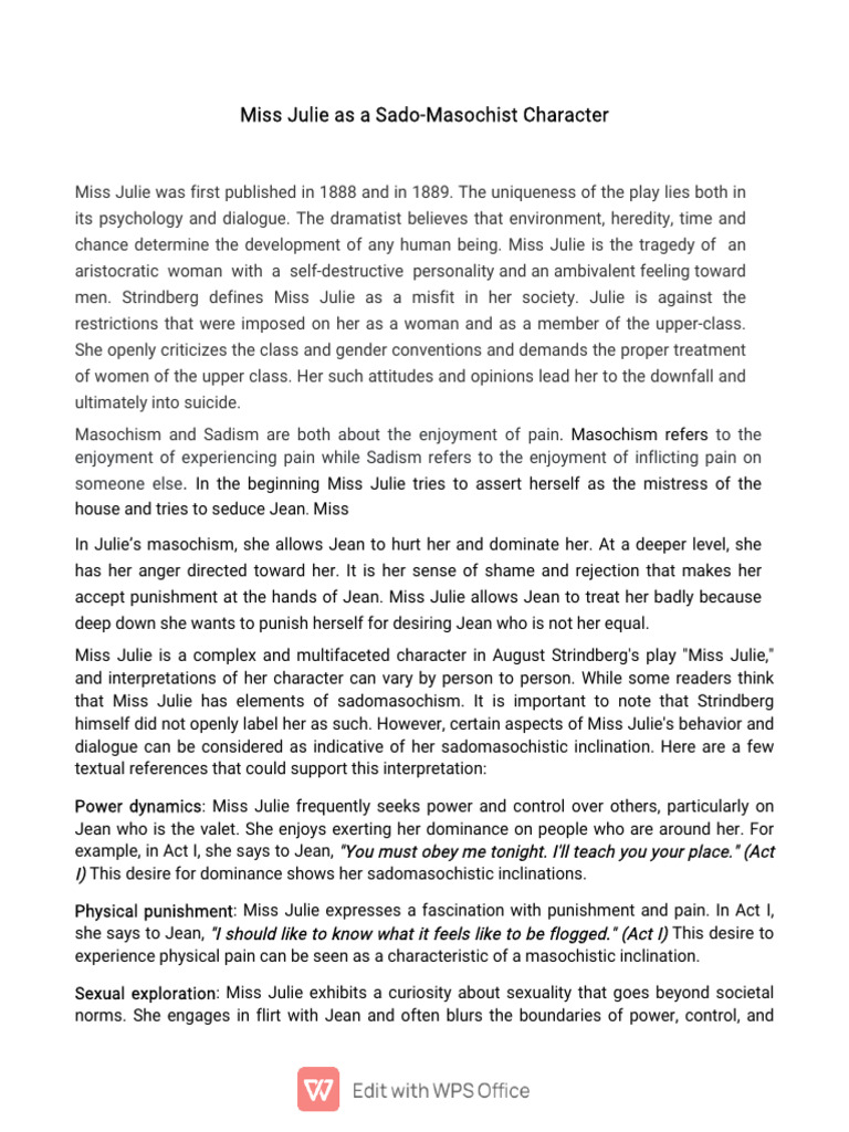 Miss Julie As A Sado Masochist Character | PDF