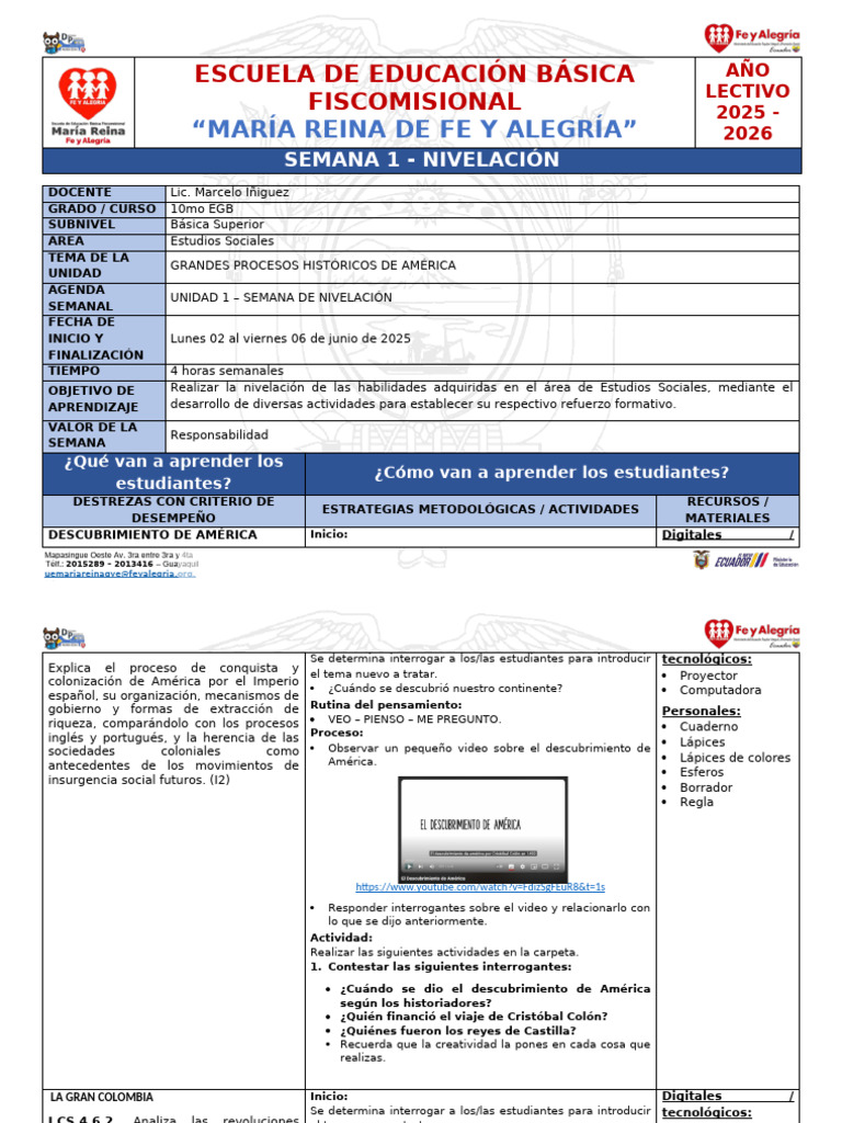 Plan Semanal - Nivelación - 10mo Egb - Semana 1 | PDF