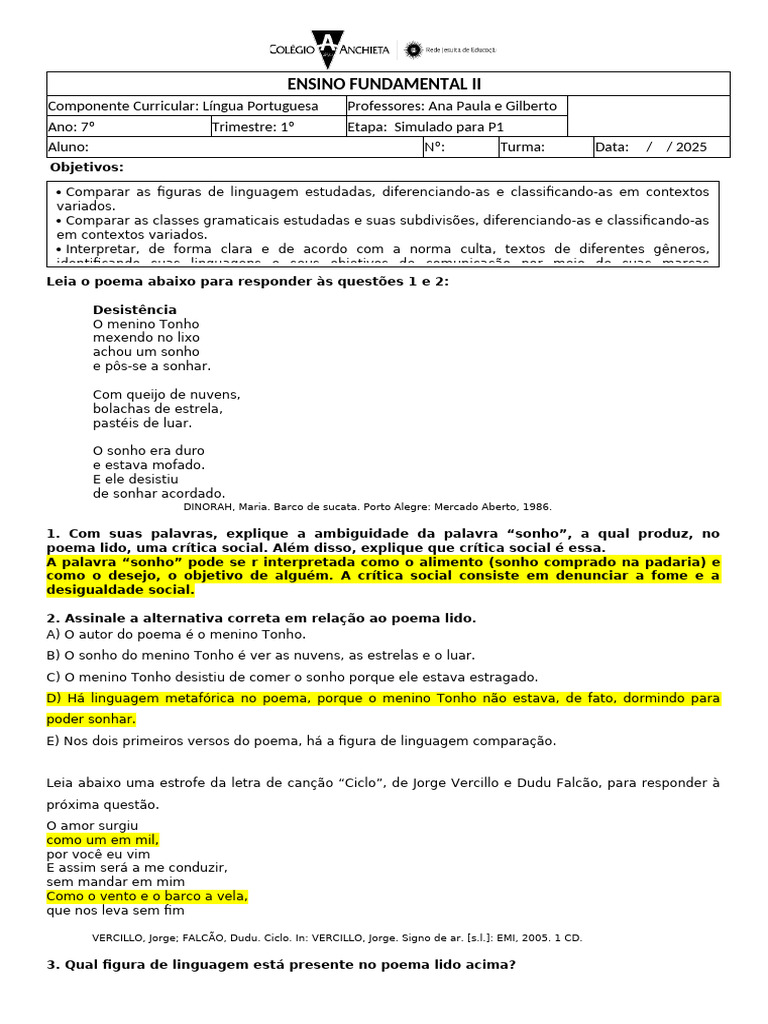 Simulado P1 1° Tri 7° ANO 2025 Corrigido | PDF | Pronome | Substantivo