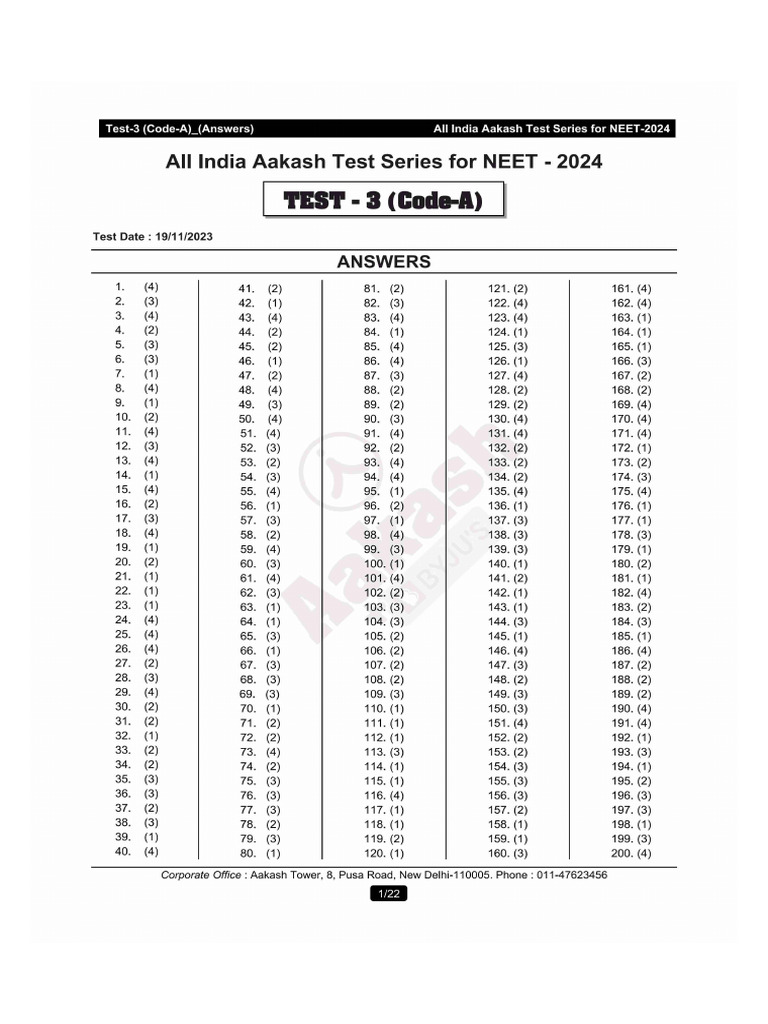Aiats-03 Key and Solutions Oym - 2022 | PDF
