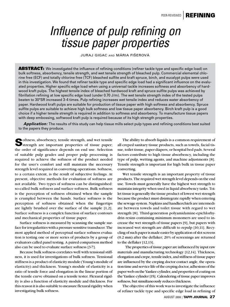 Influence of Pulp Refining On Tissue Paper Properties | PDF | Pulp ...