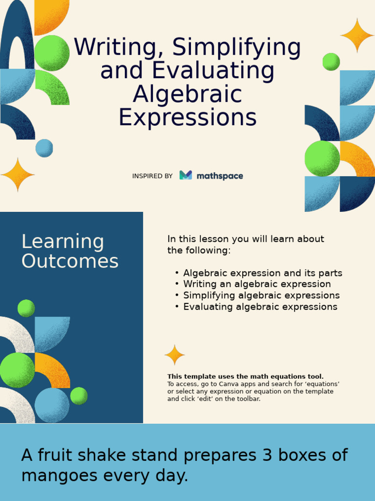 Writing, Simplifying and Evaluating Algebraic Expressions Presentation | PDF | Algebra ...