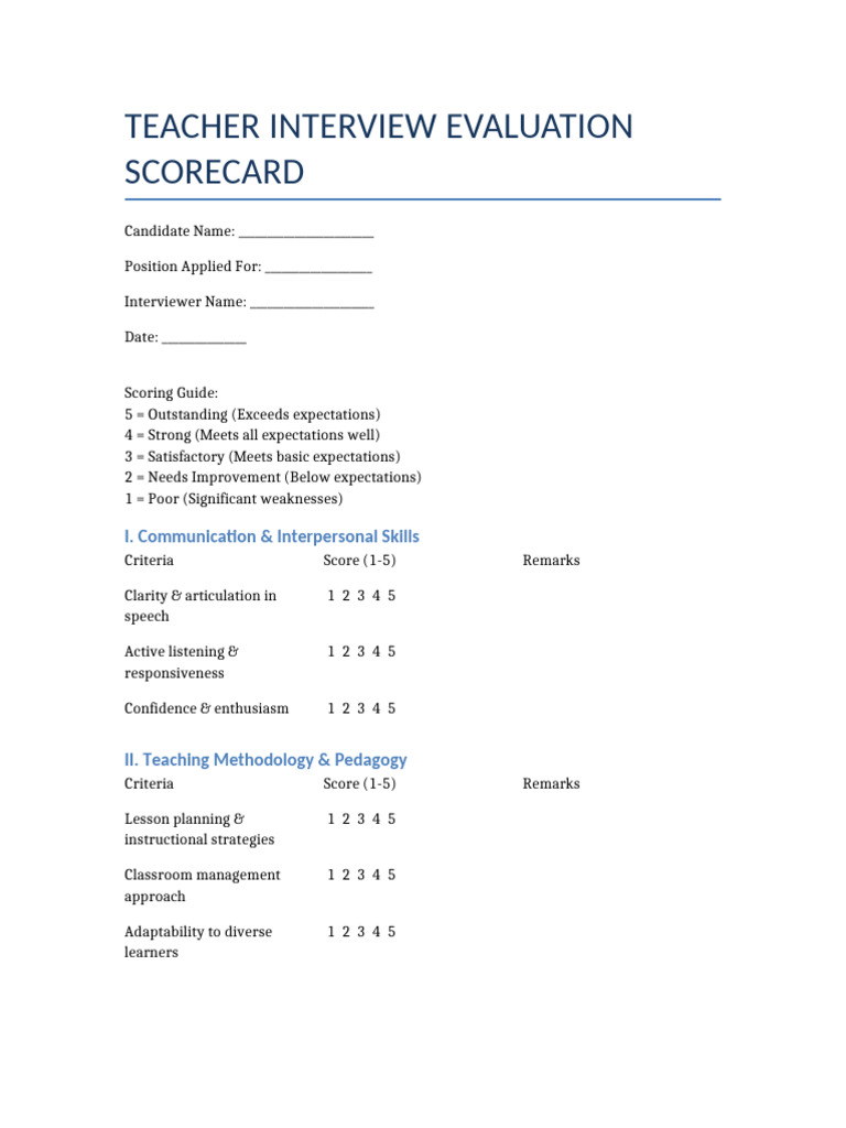 Teacher Interview Scorecard | PDF